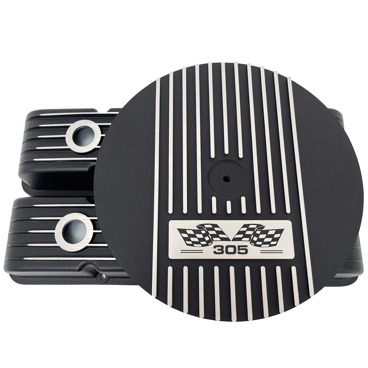 Small Block Chevy 305 Flag Logo Valve Covers & 14" Air Cleaner - Black ...