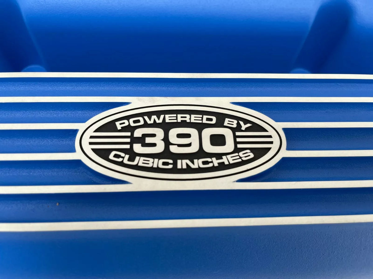 Ford FE 390 Short Valve Covers - Powered by 390 Logo 2 - Blue – Ansen USA